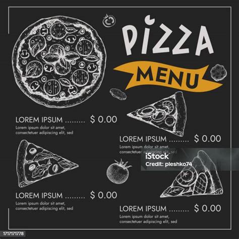 피자 메뉴 디자인 템플릿입니다 칠판 스타일의 손으로 그린 스케치 스타일 요소 레스토랑 및 배달 전단지 메뉴 등에 가장 적합합니다 벡터 그림입니다 개념에 대한 스톡 벡터 아트