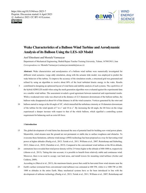 Pdf Wake Characteristics Of A Balloon Wind Turbine And Aerodynamic Analysis Of Its Balloon