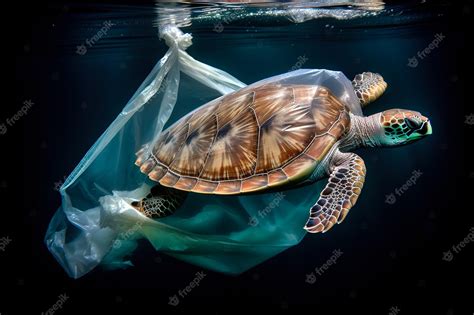 Premium Ai Image Turtle Trapped In Plastic Garbage Floating In The