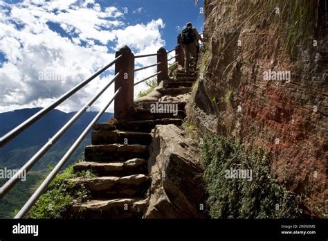Stairs To The Monastery Taktshang Or Taktsang Or Tigernest In A Rock
