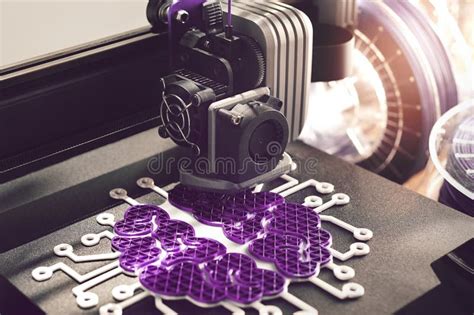 Purple White Brain Sculpture Is Made By A 3d Printer In Bright Light