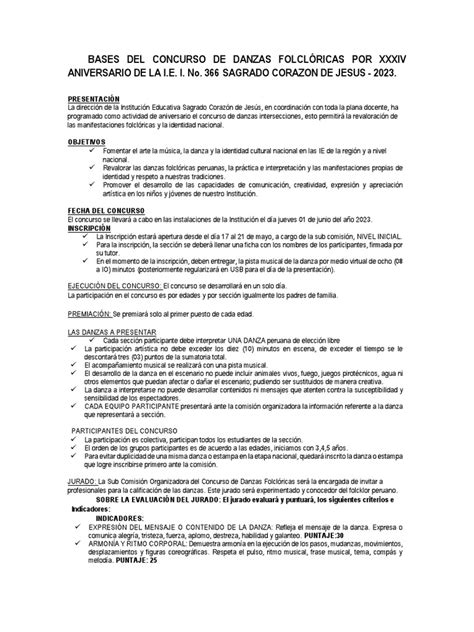 Bases Del Concurso De Danzas Folclóricas Sagrado 2023 Pdf Bailes