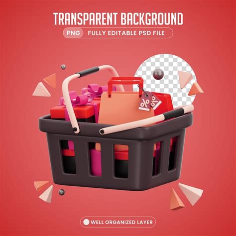 premium psd 3d object shopping basket bag and t box png