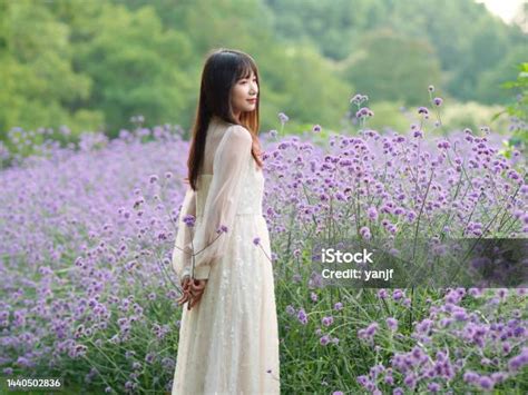 보라색 버베나 보나리엔시스 꽃밭 사이에서 포즈를 취하는 흰색 드레스를 입은 아름다운 여성 검은 긴 머리를 가진 매력적인 중국