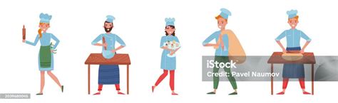 남자와 여자 베이커 캐릭터 에서 앞치마 와 Toque 굽기 빵 와 과자 벡터 세트 밀방망이에 대한 스톡 벡터 아트 및 기타 이미지 Istock