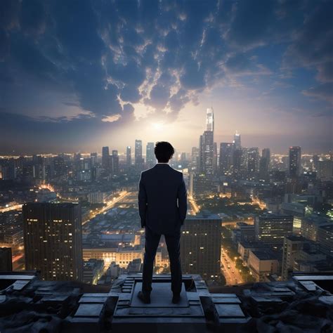 Premium Photo Man Standing On Top Of Tall Building Overlooking Cityscape At Dusk