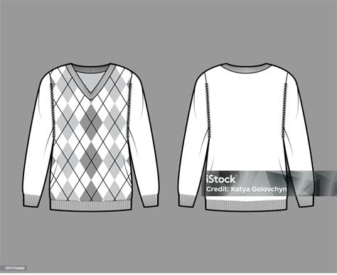 아가일 스웨터 테크니컬 패션 일러스트와 리브 V넥 긴 소매 오버사이즈 핑거팁 길이 니트 커프 트리밍 설계도에 대한 스톡 벡터 아트 및 기타 이미지 Istock