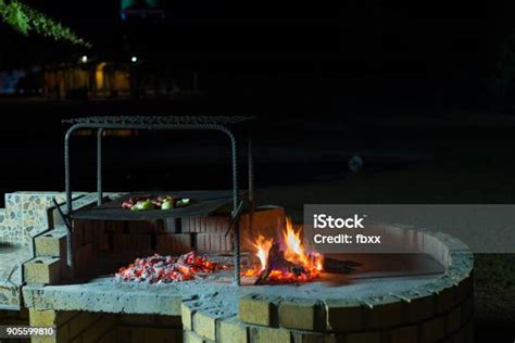 레코딩 캠프 화재 황혼에 캠핑 사이트에 바베 큐 또는 Braai 남아 프리 카 공화국에서 야외 활동을 위한 준비 화재와 장작에