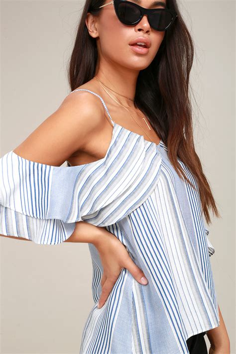 Cute Blue Striped Top Off The Shoulder Top Flounce Top