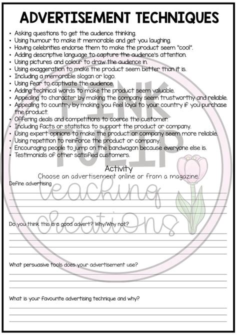 Advertisement Techniques Persuasive Writing Worksheets