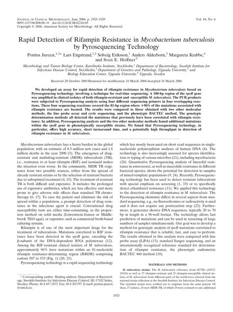 Pdf Rapid Detection Of Rifampin Resistance In Mycobacterium Tuberculosis By Pyrosequencing