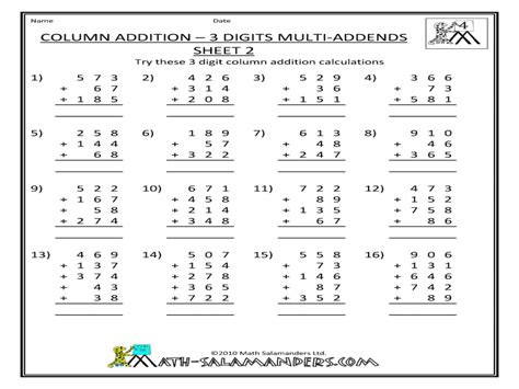 Column Addition 3 Digits Multi Addends Worksheet For 2nd 4th Grade
