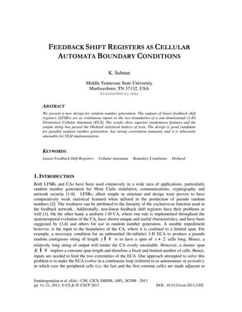 Feedback Shift Registers As Cellular Automata Boundary Conditions Pdf