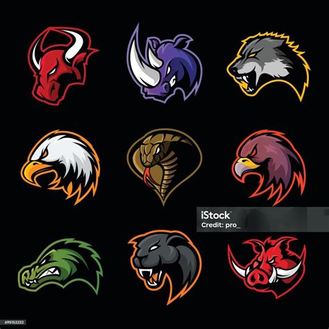 황소 코뿔소 늑대 독수리 코브라 악어 팬더 멧돼지 머리 고립 된 벡터 로고 컨셉 코브라에 대한 스톡 벡터 아트 및 기타 이미지 Istock