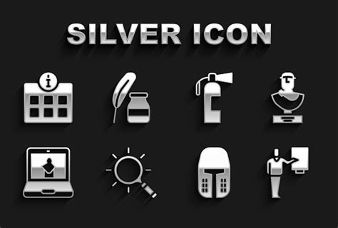 돋보기 고대 흉상 조각 박물관 가이드 중세 철제 헬멧 온라인 박물관 소화기 정보 및 깃털 및 잉크병 아이콘을 설정합니다 벡터