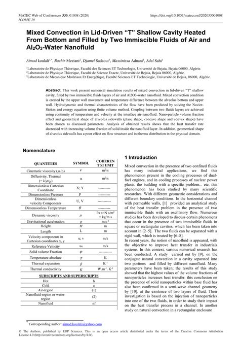 Pdf Mixed Convection In Lid Driven T Shallow Cavity Heated From Bottom And Filled By Two