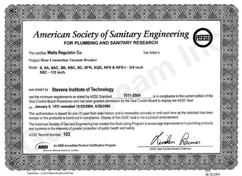Watts Backflow Certificate Gulfstream Inc