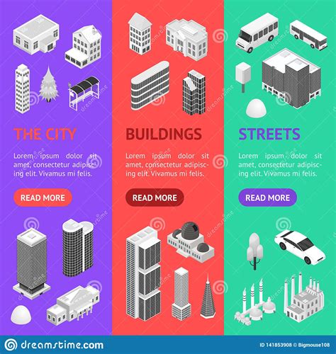 City Map Concept Banner Vecrtical Set 3d Isometric View Vector Stock