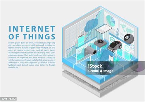 사물의 인터넷 아이소메트릭 벡터 일러스트 레이 션으로 연결 된 자동차와 장치 Iot의 개념 가상 비서에 대한 스톡 벡터 아트 및