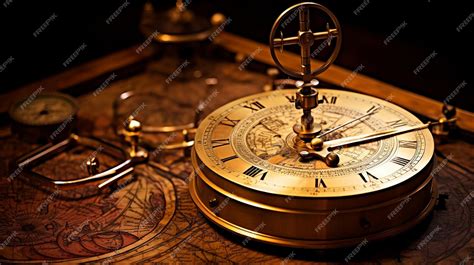 Premium Photo Ornate Vintage Golden Astrolabe With World Map Background
