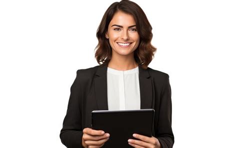Premium Photo Smiling Business Woman Holding A Tablet And Discussing Idea