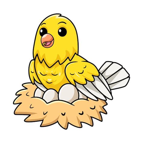 Dessin Animé Mignon Doiseau Canari Avec Des Oeufs Dans Le Nid