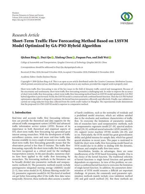 Pdf Short Term Traffic Flow Forecasting Method Based On Lssvm Model Optimized By Ga Pso Hybrid