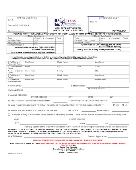 Mail Application For A Certified Copy Of A Birth Certificate Texas
