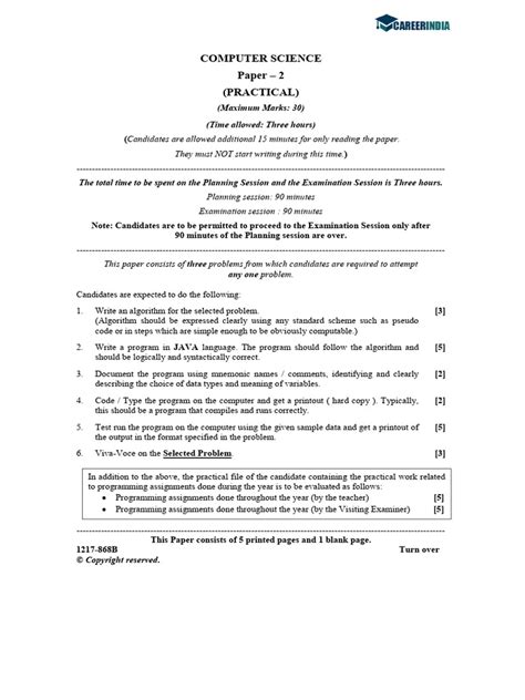 Isc Class 12 Computer Science Paper 2 Practical Question Paper 2017