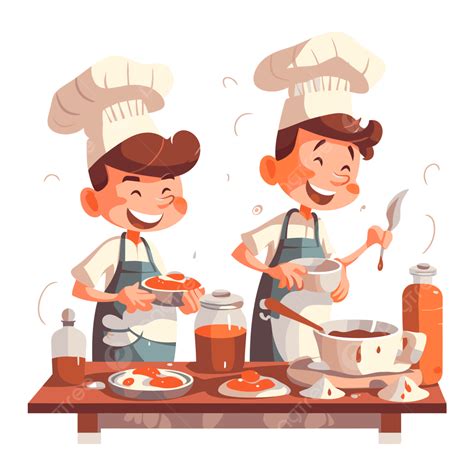 요리 교실 만화 스타일 플랫 벡터 일러스트에서 음식을 준비하는 두 요리사 상표 클립 아트 Png 일러스트 및 벡터 에 대한 무료 다운로드 Pngtree