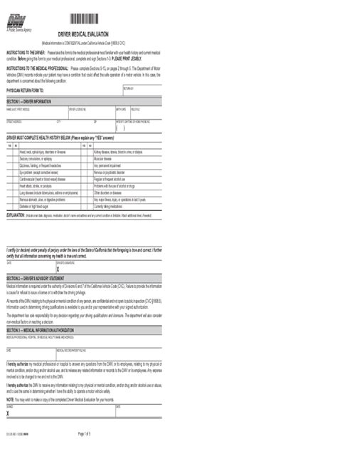 California Driver Medical Evaluation Form Blank Fillable Template