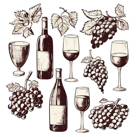 Dibujo A Mano De Vid Y Uvas Vectoriales En Icono Blanco Eps10 Hojas De