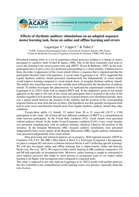 Pdf Effects Of Rhythmic Auditory Stimulations On An Adapted Sequence Motor Learning Task