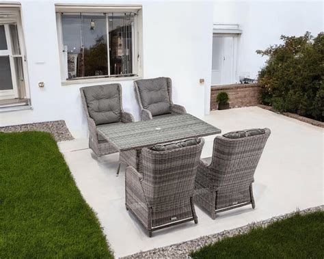 4 Reclining Rattan Garden Dining Chairs And Rectangular Table In Grey