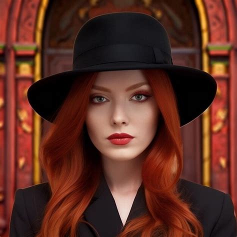 Premium Ai Image Portrait Of A Beautiful Redhaired Girl In A Black Hat