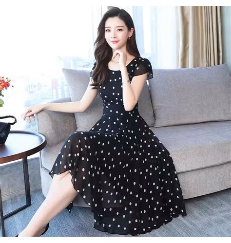 더클라워 인기신상 여성 여름 모던 폴카도트패턴 라운드넥 반팔 쉬폰 원피스 티몬