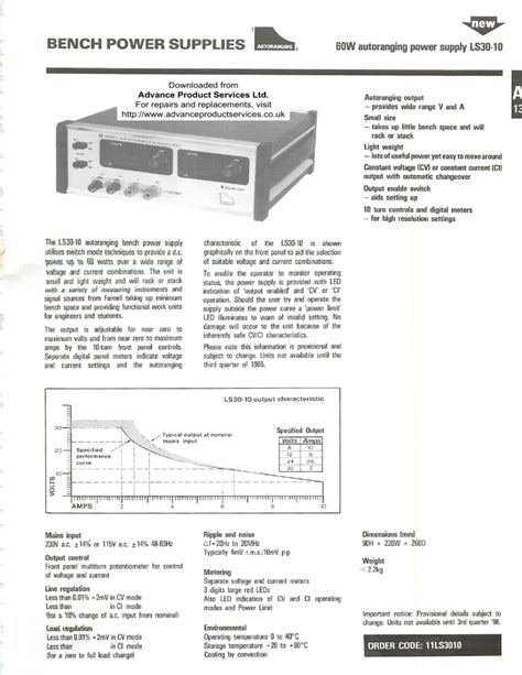 Ls30 10 Autoranging Power Supply Datasheet