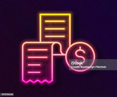 發光霓虹燈線紙或財務檢查圖示隔離在黑色背景紙質列印支票商店收據或帳單向量向量圖形及更多付錢圖片 付錢 價格 價目單 Istock