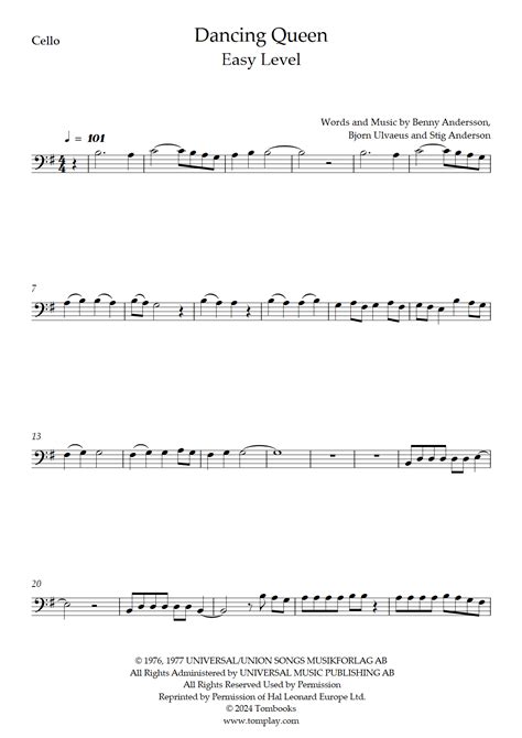 Mamma Mia Dancing Queen Easy Level Abba Cello Sheet Music