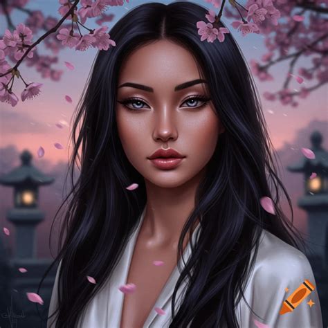 Stylized Digital Art Portrait Of A Woman With Long Black Hair And Blue