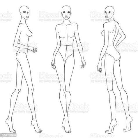 다른 포즈 벡터 일러스트에서 아름다운 슬림 여성 아홉 머리 패션 피규어 템플릿 여성의 몸 앞면 측면 및 후면 보기 패션에 대한