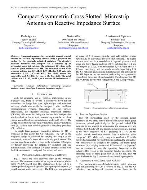 Pdf Compact Asymmetric Cross Slotted Microstrip Antenna On Reactive Impedance Surface