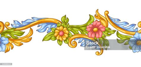 바로크 양식의 장식용 꽃 이음새가 없는 패턴 다채로운 컬링 식물 배경 주제에 대한 스톡 벡터 아트 및 기타 이미지 배경 주제