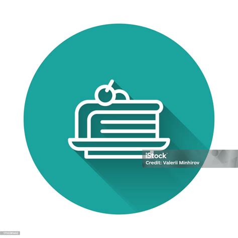 긴 그림자 배경으로 격리 된 케이크 아이콘의 흰색 라인 조각 생일 축하해요 녹색 원 버튼입니다 벡터 공휴일에 대한 스톡 벡터
