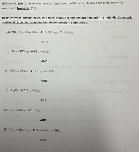 Solved By Choosing Two Of The Following Reaction Types From