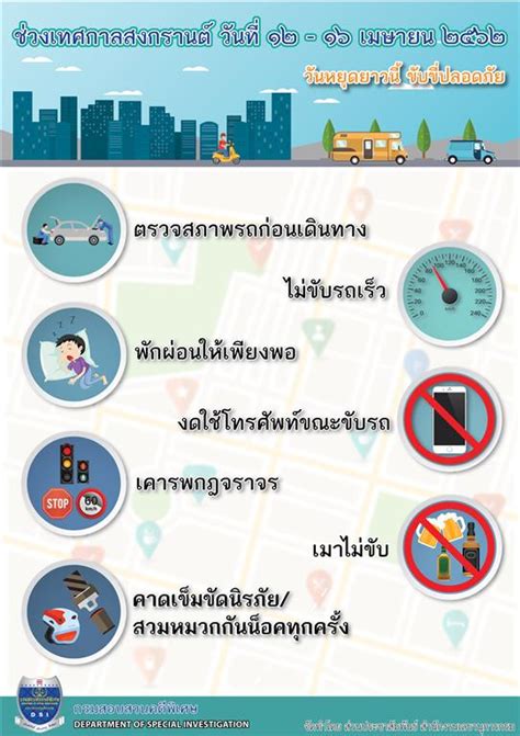ช่วงเทศกาลสงกรานต์ วันที่ 12 16 เมษายน 2562 วันหยุดยาว ขับขี่ปลอดภัย กรมสอบสวนคดีพิเศษ