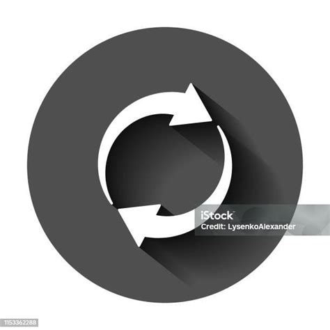 평면 스타일에서 화살표 회전 아이콘입니다 긴 그림자와 블랙 라운드 배경에 액션 벡터 일러스트 레이 션을 동기화 합니다 새로 고침