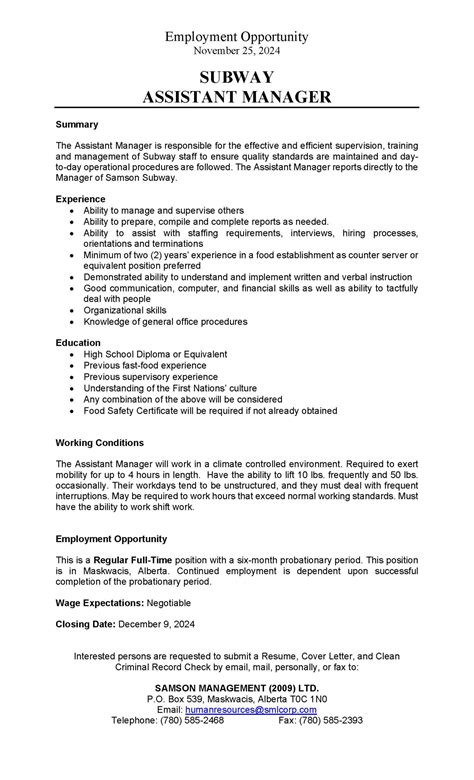 Subway Asst Manager Nov 2024 Samson Management Ltd