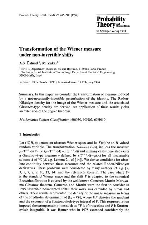 Pdf Transformation Of The Wiener Measure Under Non Invertible Shifts