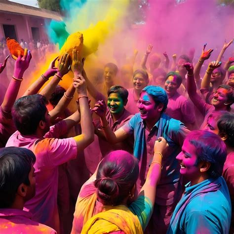 The Essence Of Holi With People Throwing Colored Powder At Each Other